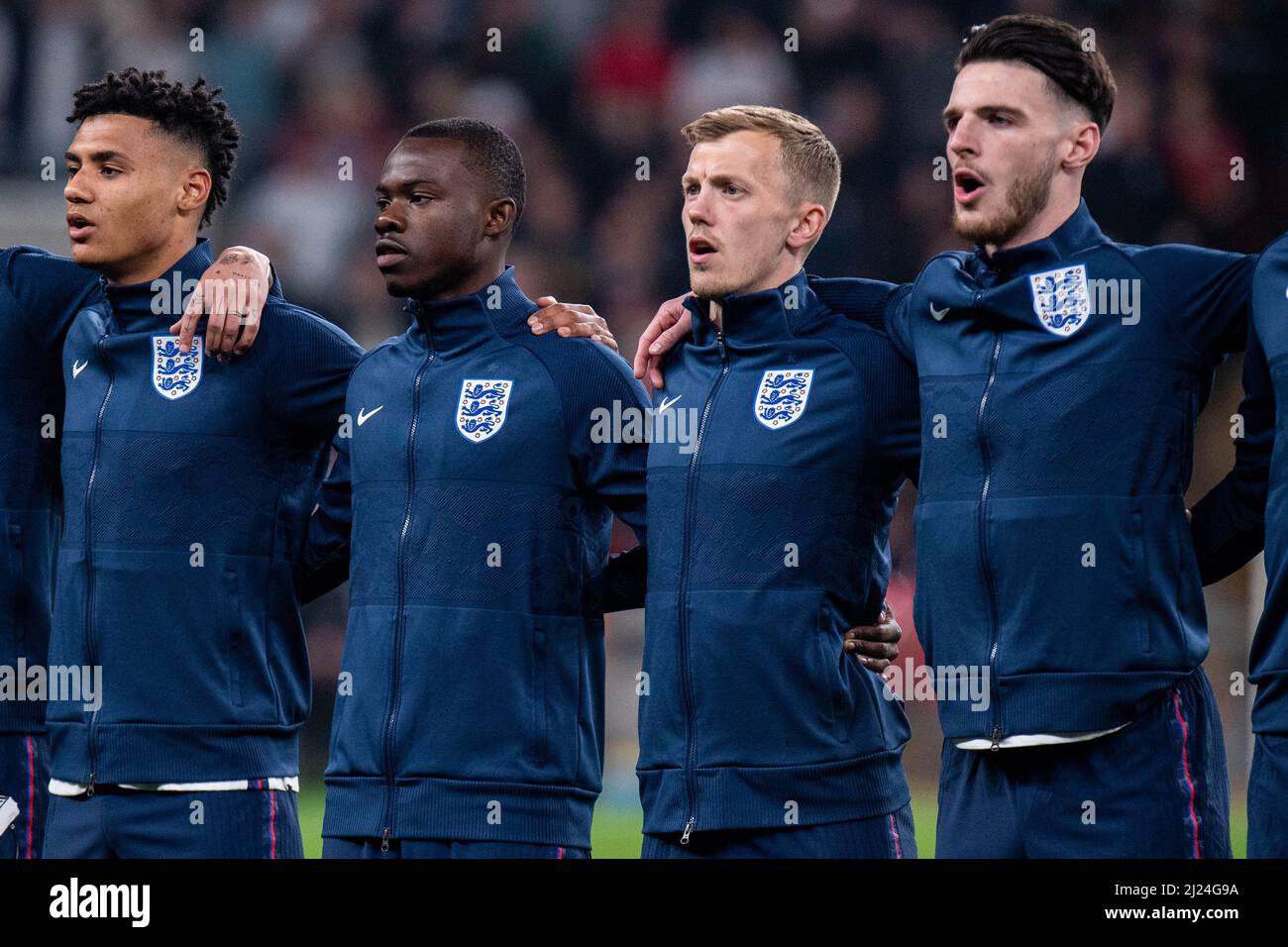 LONDON, ENGLAND - MARCH 29: Ollie Watkins, Tyrick Mitchell, James Ward ...