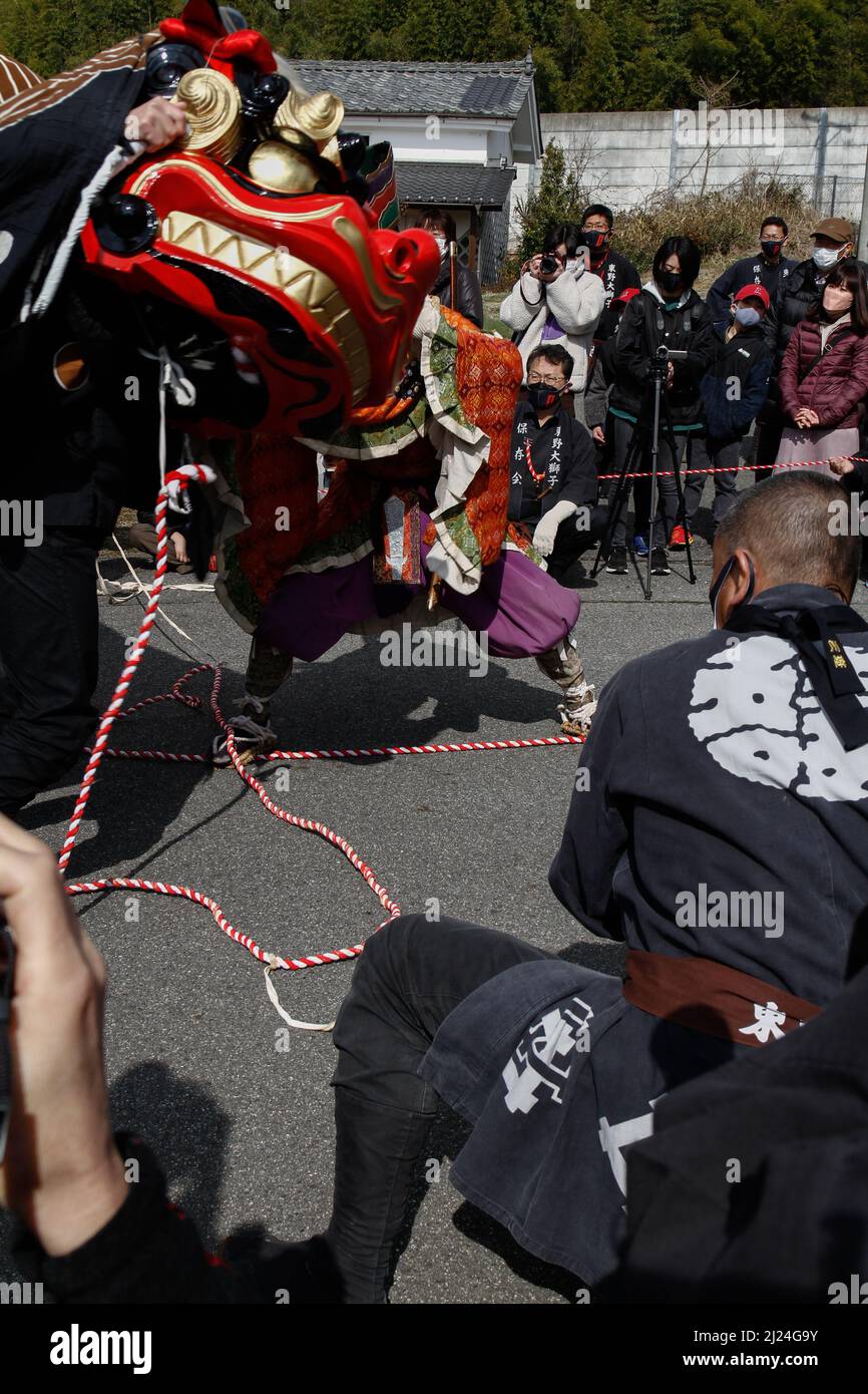 iida, nagano, japan, 2022/24/03 , Lion Dance on a Float. The ritual ...
