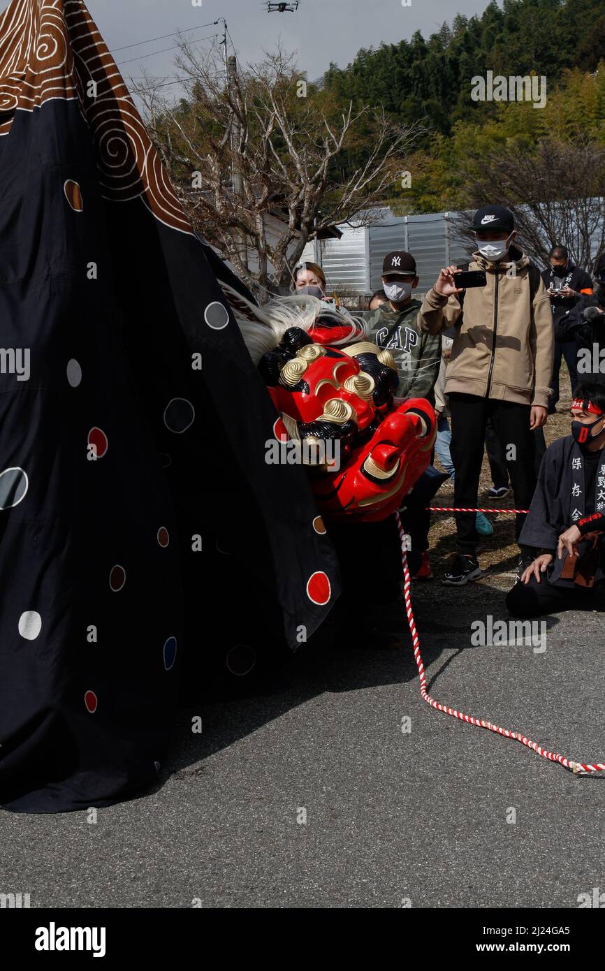 iida, nagano, japan, 2022/24/03 , Lion Dance on a Float. The ritual ...