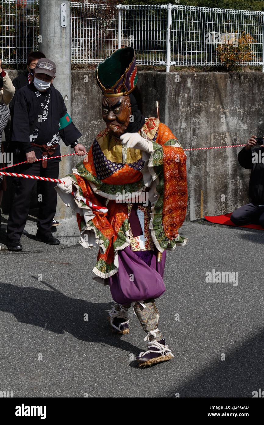 iida, nagano, japan, 2022/24/03 , Lion Dance on a Float. The ritual ...