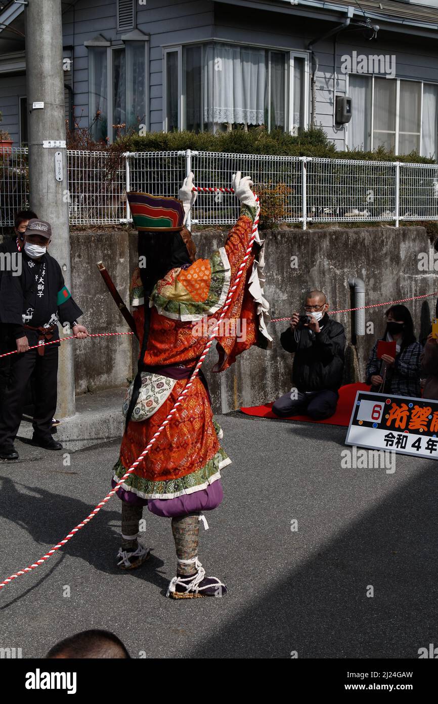 iida, nagano, japan, 2022/24/03 , Lion Dance on a Float. The ritual ...