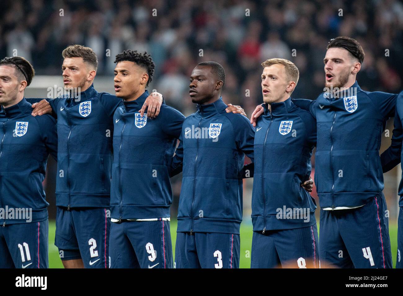 LONDON, ENGLAND - MARCH 29: Ben White, Ollie Watkins, Tyrick Mitchell ...