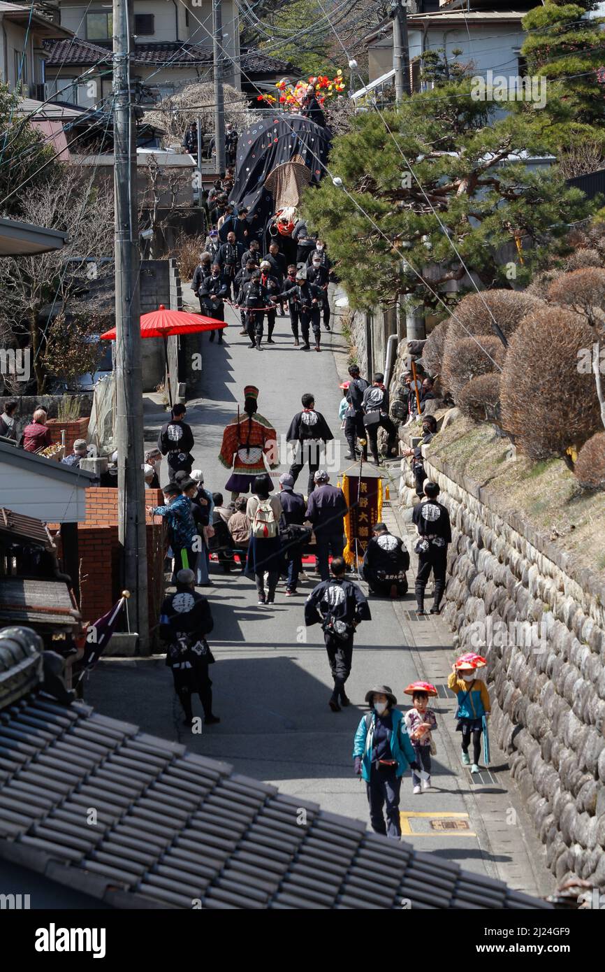 iida, nagano, japan, 2022/24/03 , Lion Dance on a Float. The ritual ...