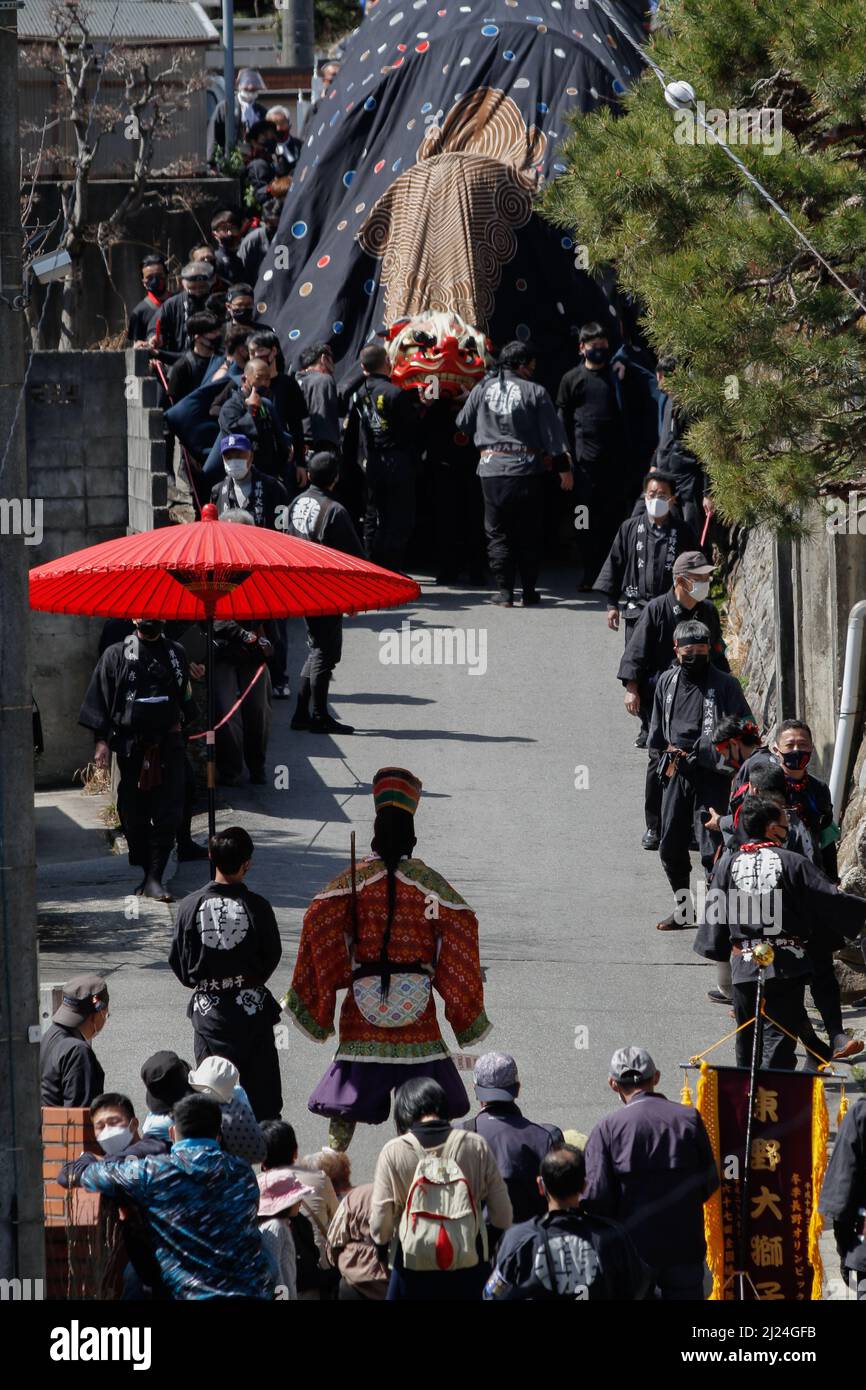 iida, nagano, japan, 2022/24/03 , Lion Dance on a Float. The ritual ...