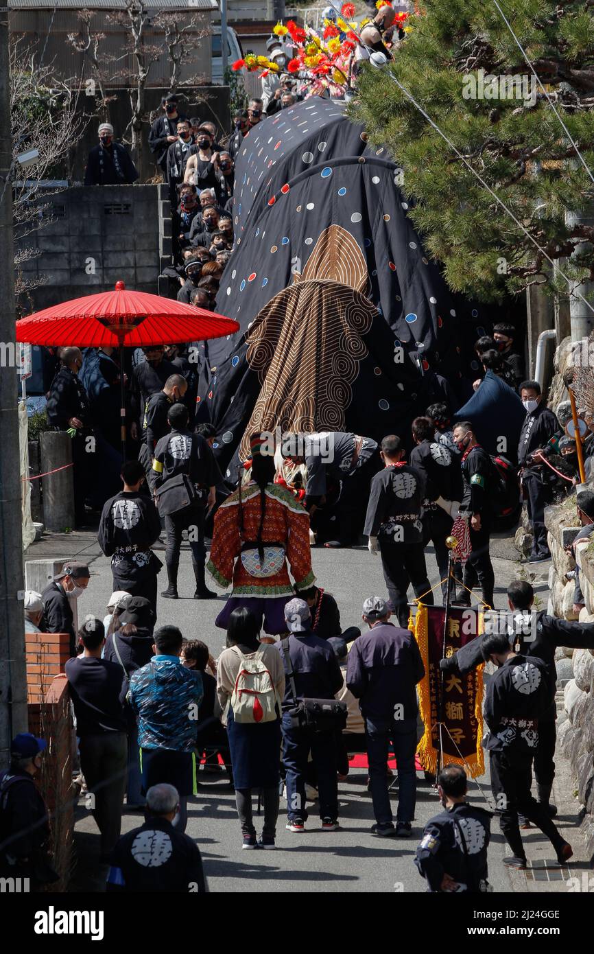 iida, nagano, japan, 2022/24/03 , Lion Dance on a Float. The ritual ...