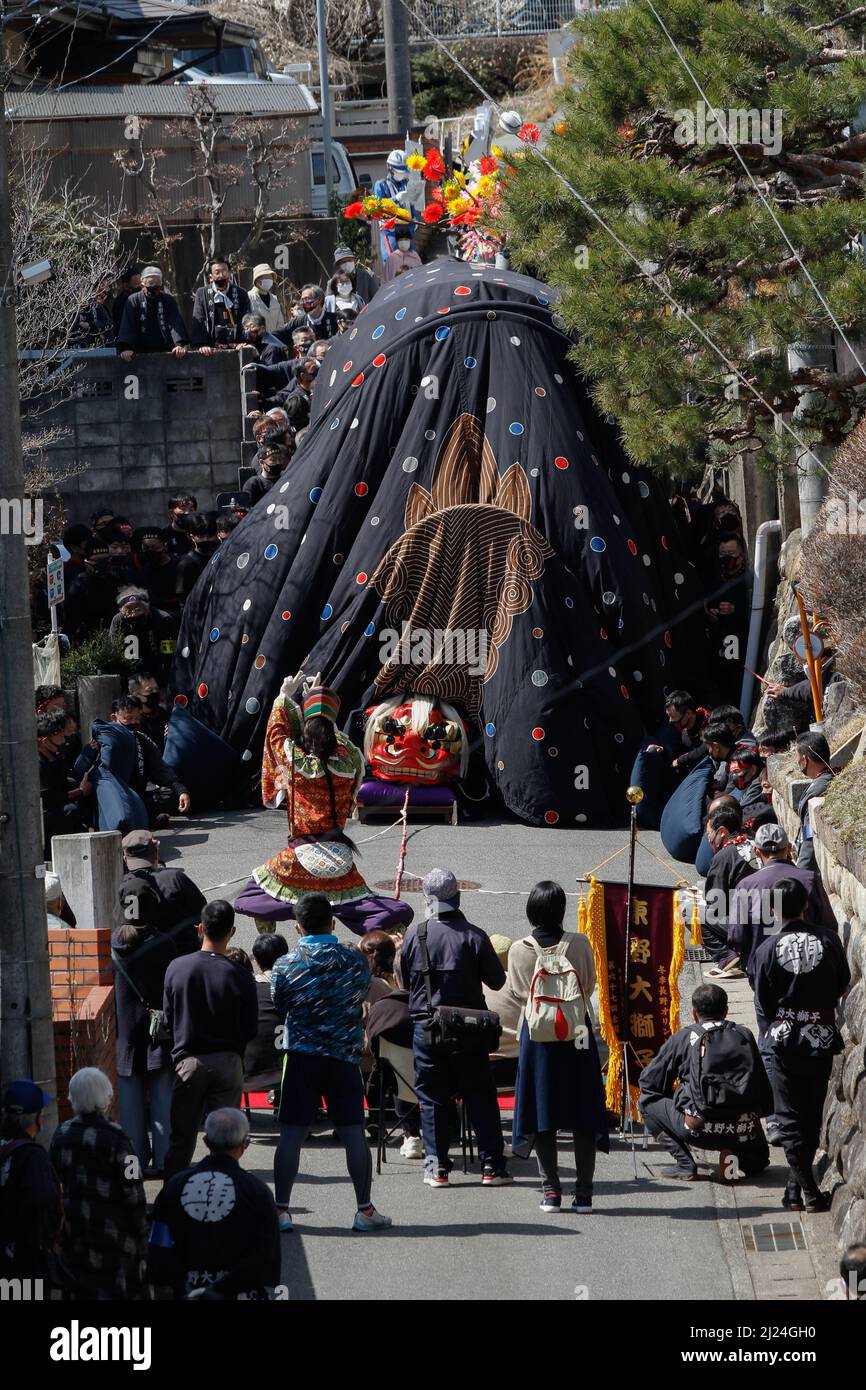 iida, nagano, japan, 2022/24/03 , Lion Dance on a Float. The ritual ...