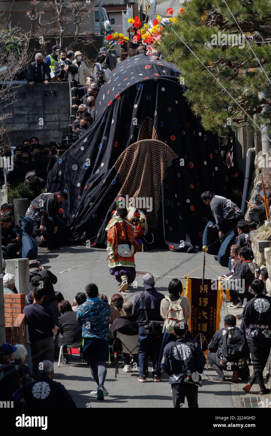 iida, nagano, japan, 2022/24/03 , Lion Dance on a Float. The ritual ...