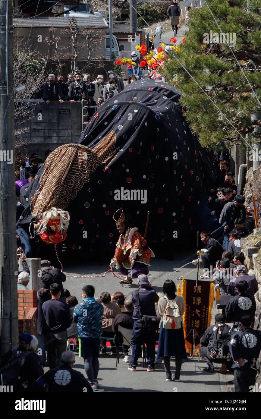 iida, nagano, japan, 2022/24/03 , Lion Dance on a Float. The ritual ...