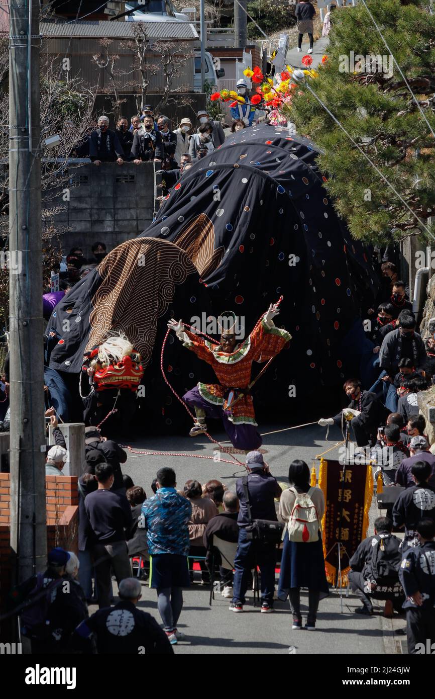 iida, nagano, japan, 2022/24/03 , Lion Dance on a Float. The ritual ...