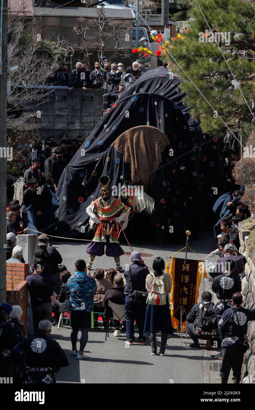 iida, nagano, japan, 2022/24/03 , Lion Dance on a Float. The ritual ...