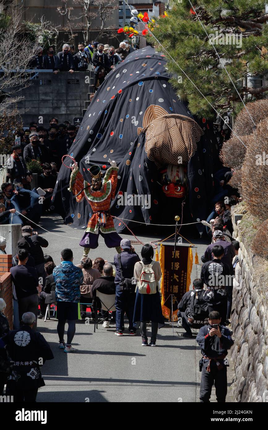 iida, nagano, japan, 2022/24/03 , Lion Dance on a Float. The ritual ...