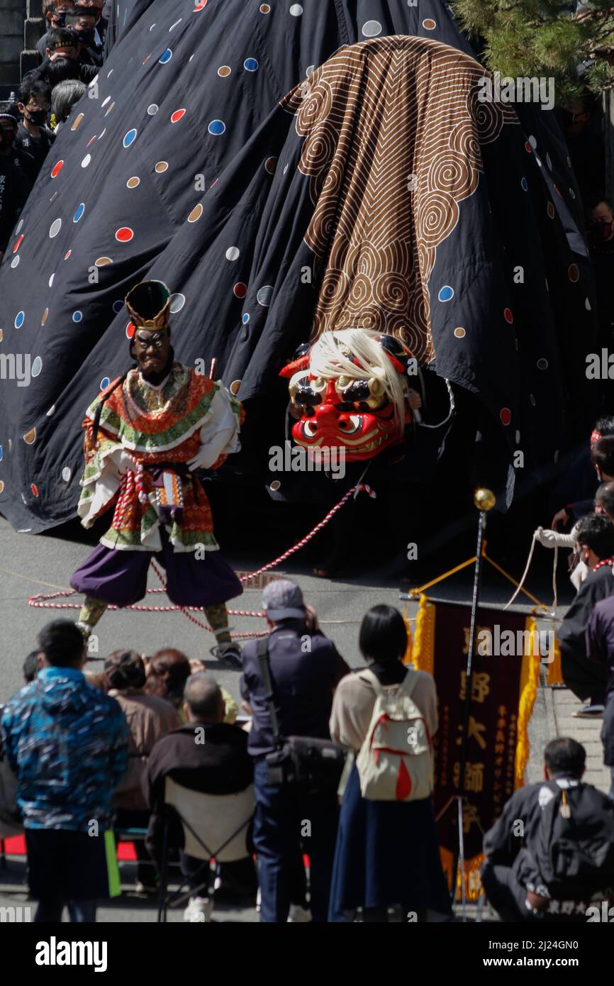 iida, nagano, japan, 2022/24/03 , Lion Dance on a Float. The ritual ...