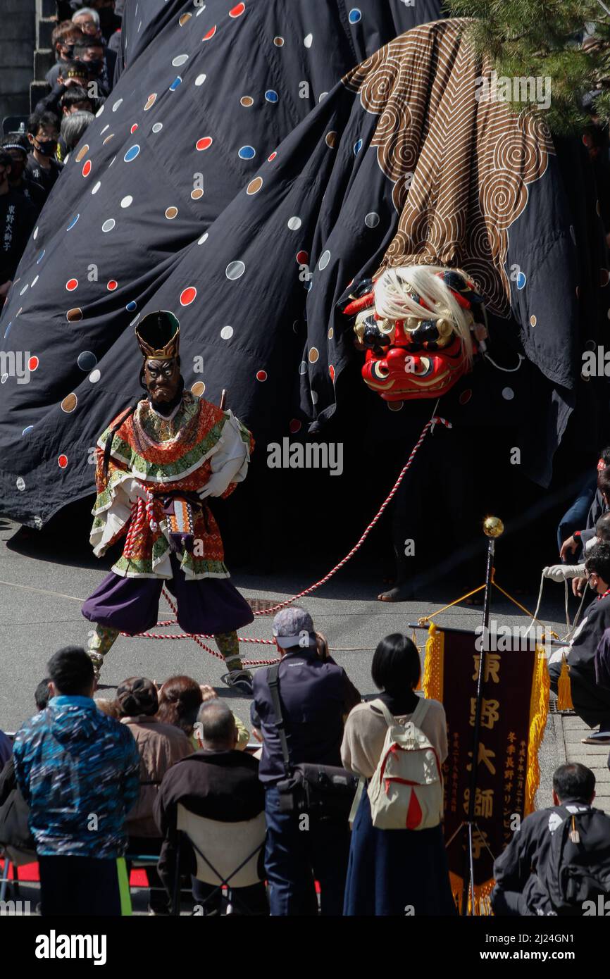 iida, nagano, japan, 2022/24/03 , Lion Dance on a Float. The ritual ...
