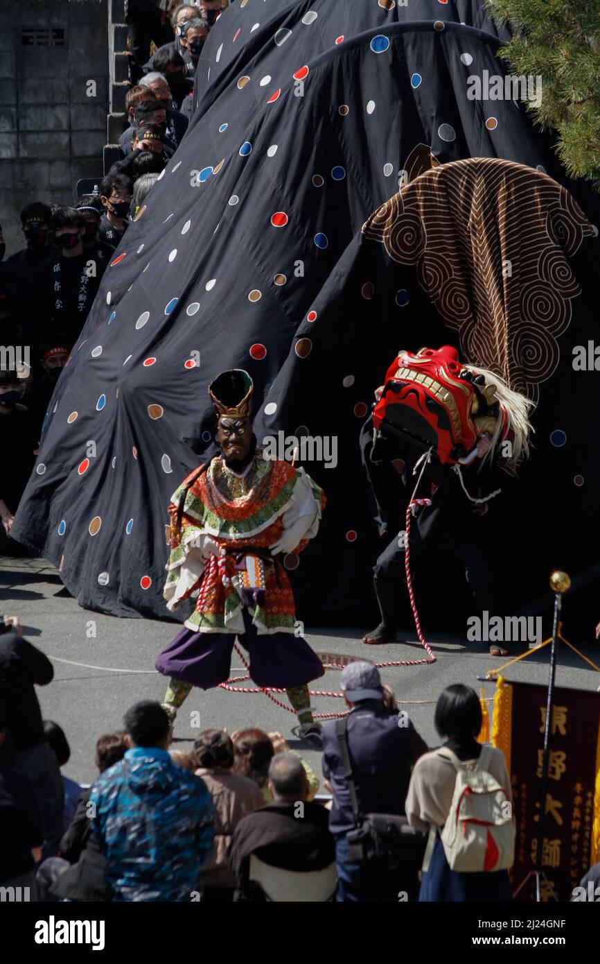 iida, nagano, japan, 2022/24/03 , Lion Dance on a Float. The ritual ...