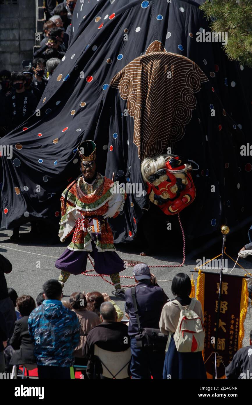iida, nagano, japan, 2022/24/03 , Lion Dance on a Float. The ritual ...