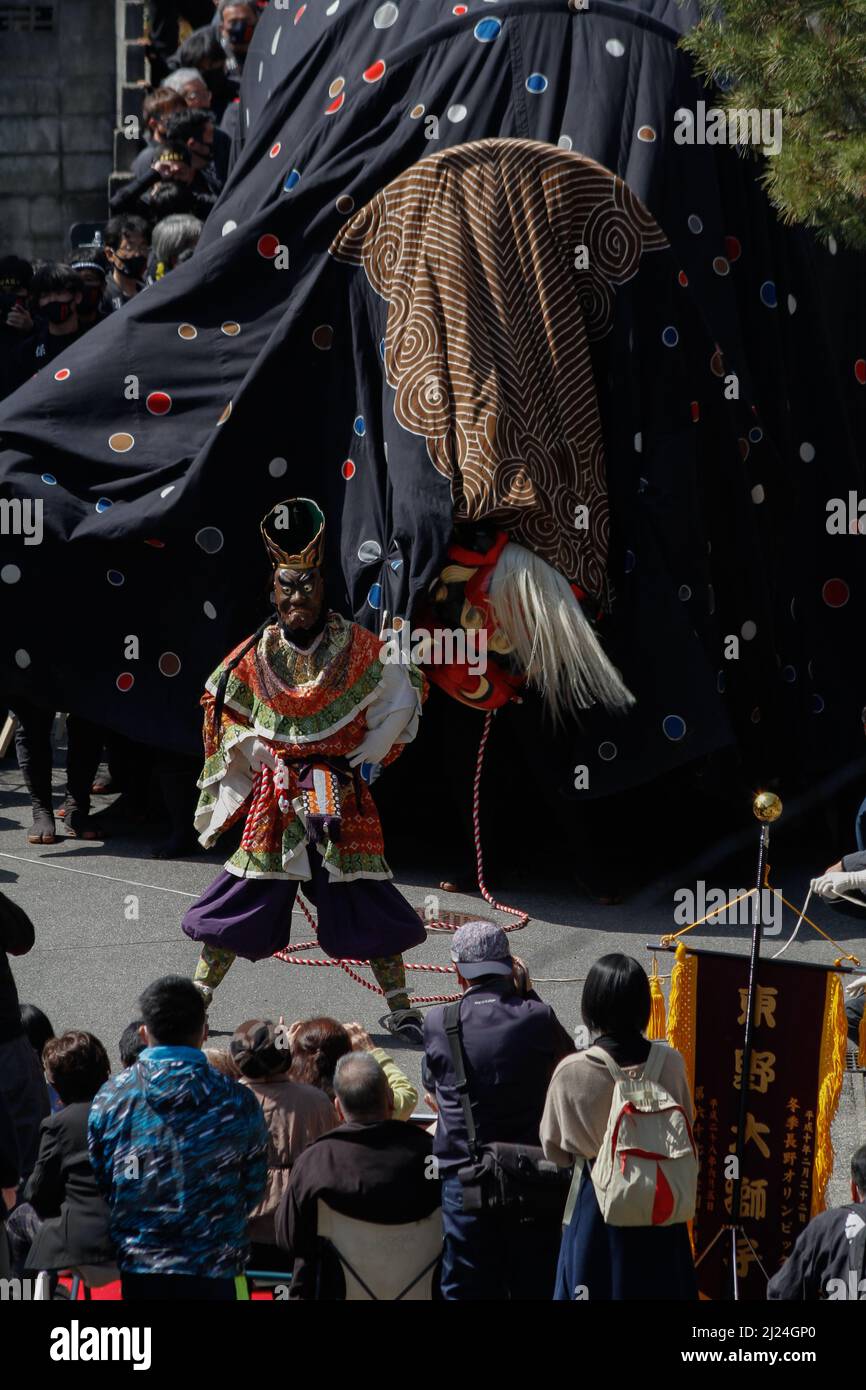 iida, nagano, japan, 2022/24/03 , Lion Dance on a Float. The ritual ...