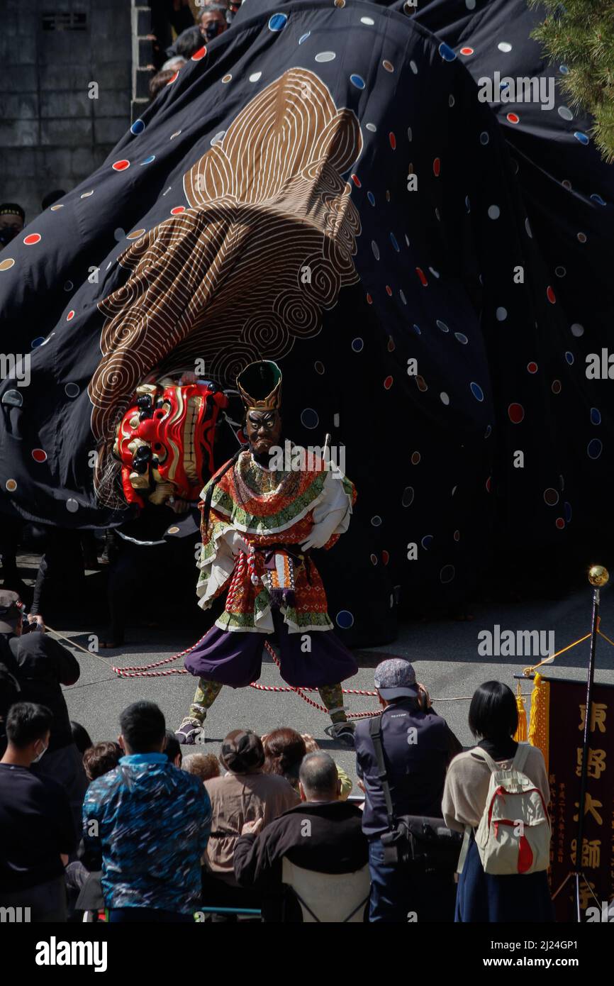 iida, nagano, japan, 2022/24/03 , Lion Dance on a Float. The ritual ...