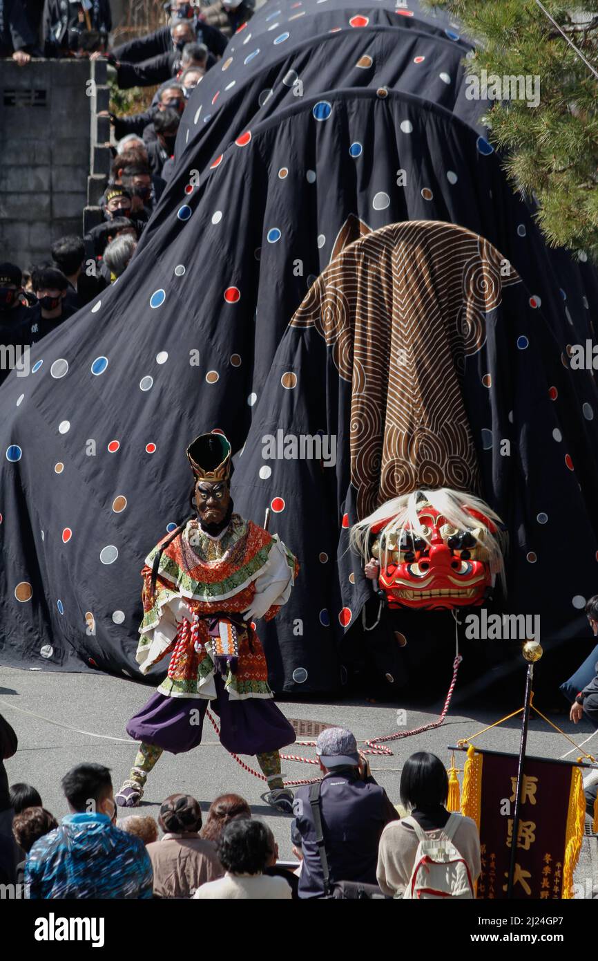 iida, nagano, japan, 2022/24/03 , Lion Dance on a Float. The ritual ...