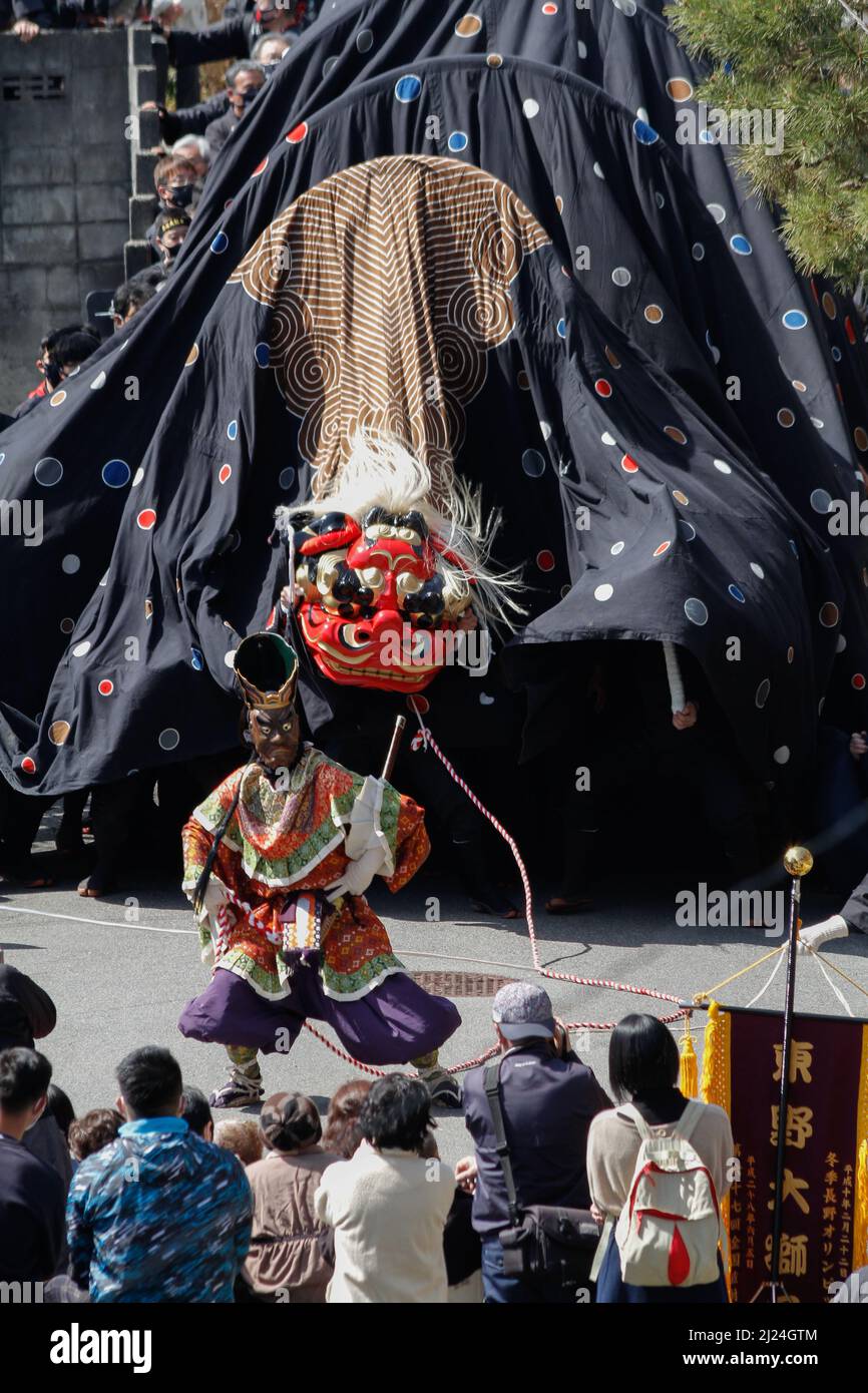 iida, nagano, japan, 2022/24/03 , Lion Dance on a Float. The ritual ...