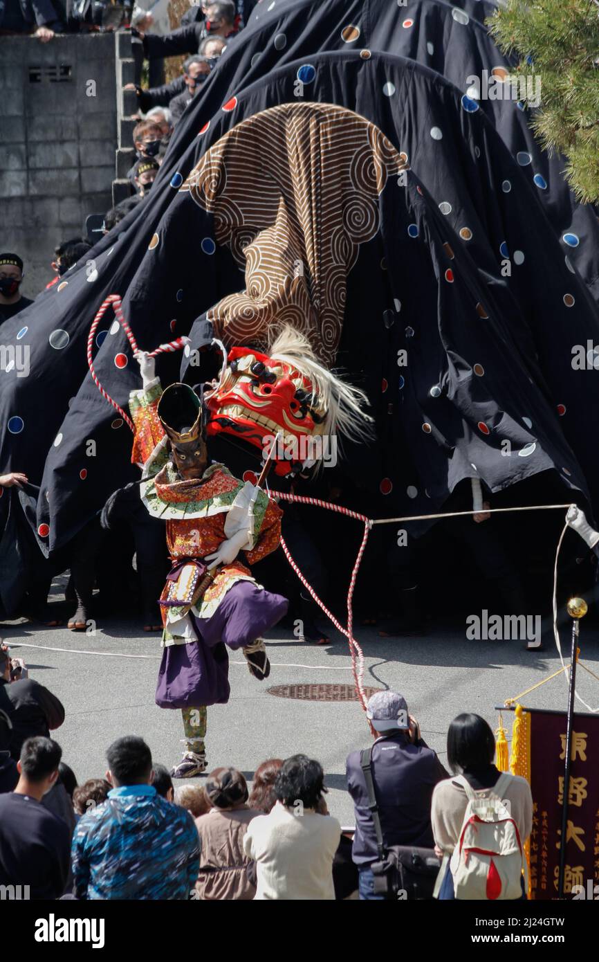 iida, nagano, japan, 2022/24/03 , Lion Dance on a Float. The ritual ...
