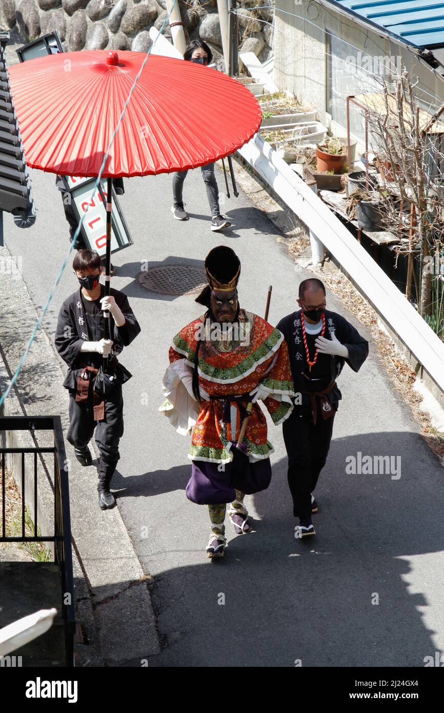 iida, nagano, japan, 2022/24/03 , Lion Dance on a Float. The ritual ...