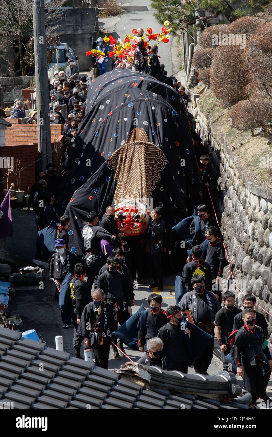 iida, nagano, japan, 2022/24/03 , Lion Dance on a Float. The ritual ...