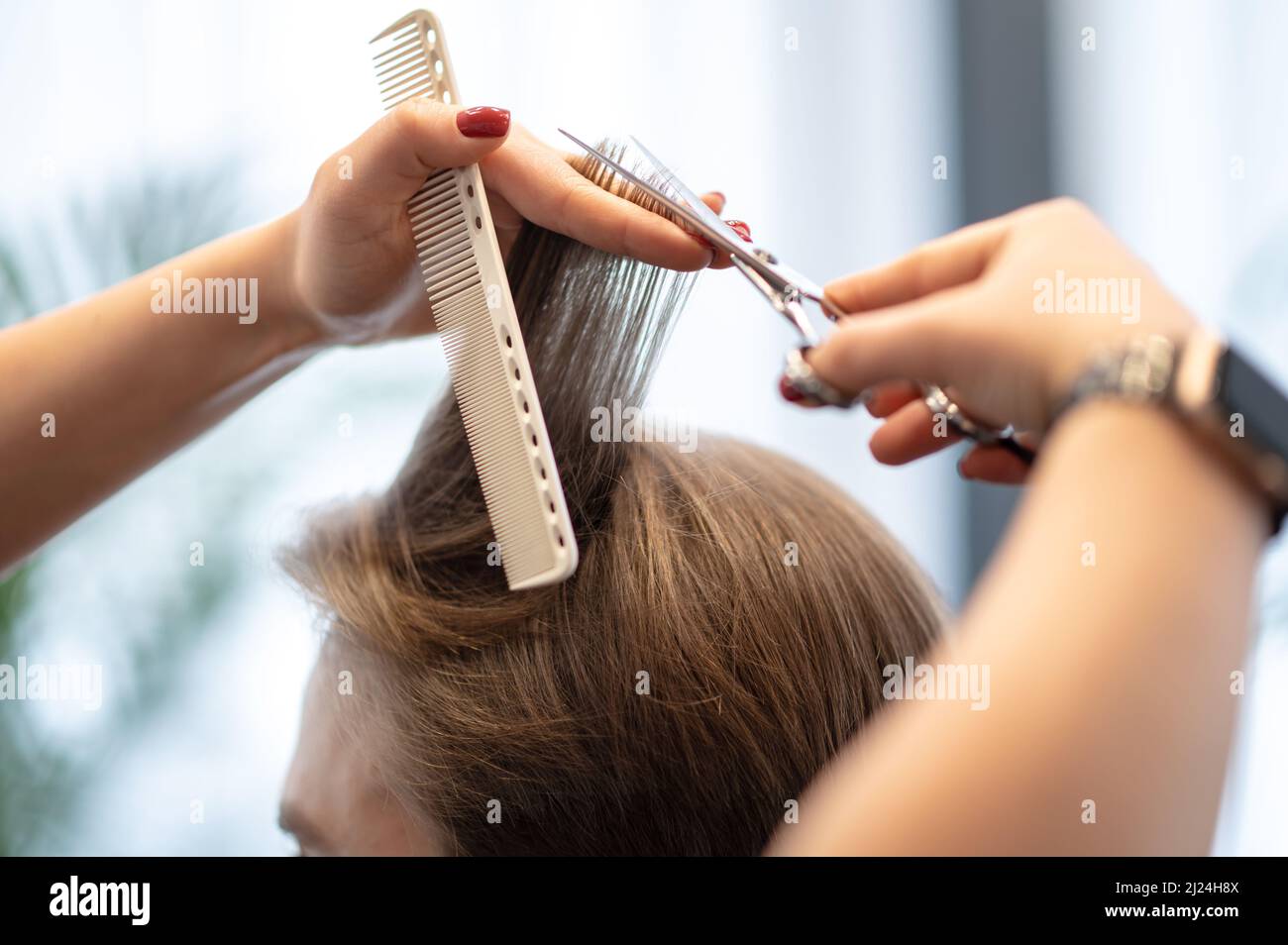 Close up picture of females hands with scissors cutting hair Stock Photo - Alamy