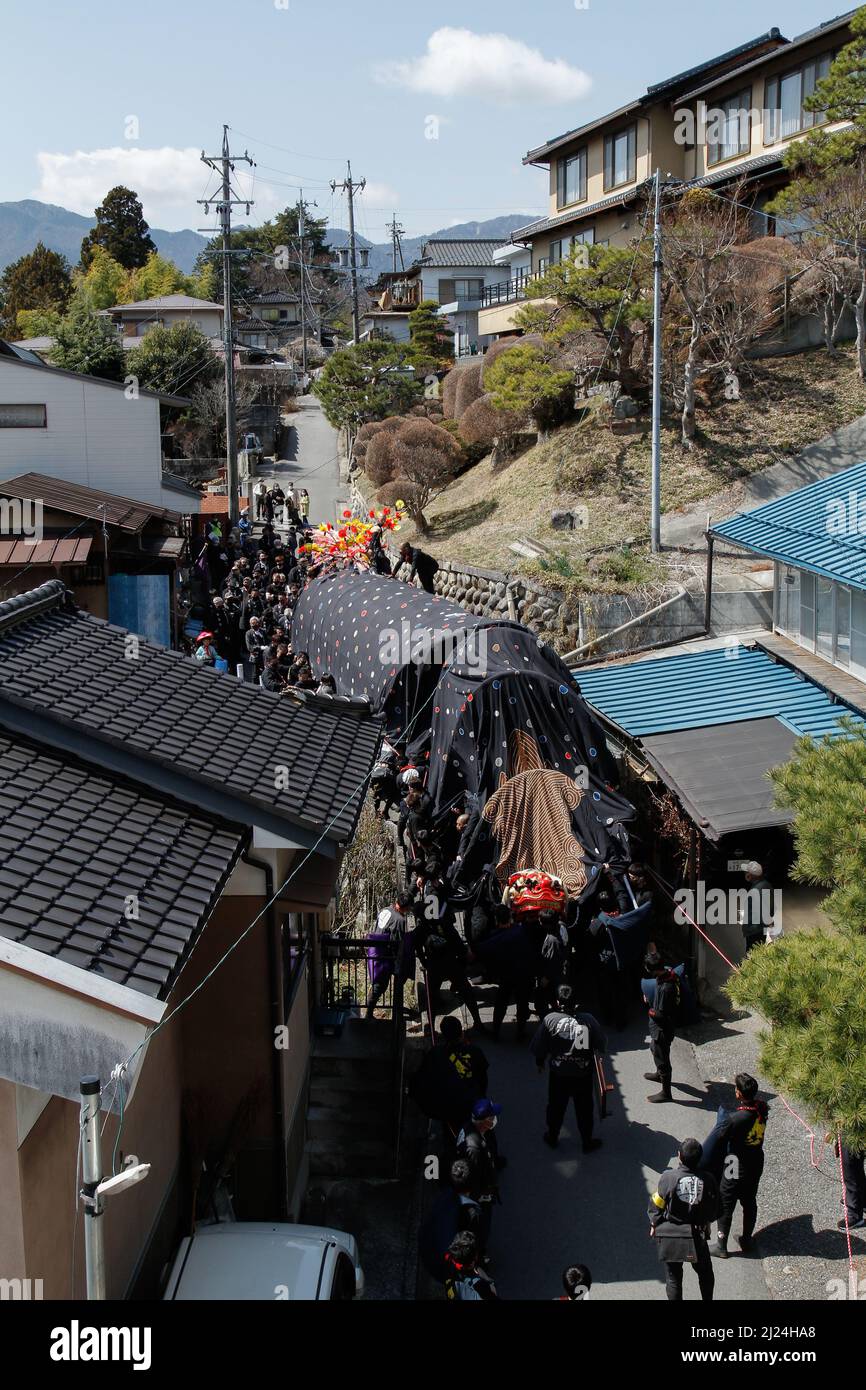 iida, nagano, japan, 2022/24/03 , The lion called shisha got stuck on ...
