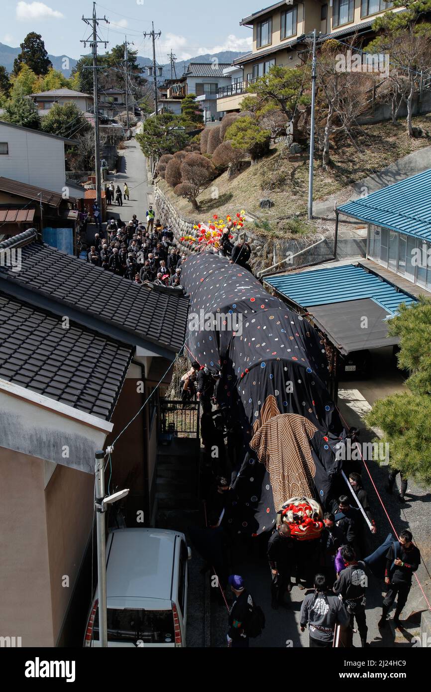 iida, nagano, japan, 2022/24/03 , The lion called shisha got stuck on ...