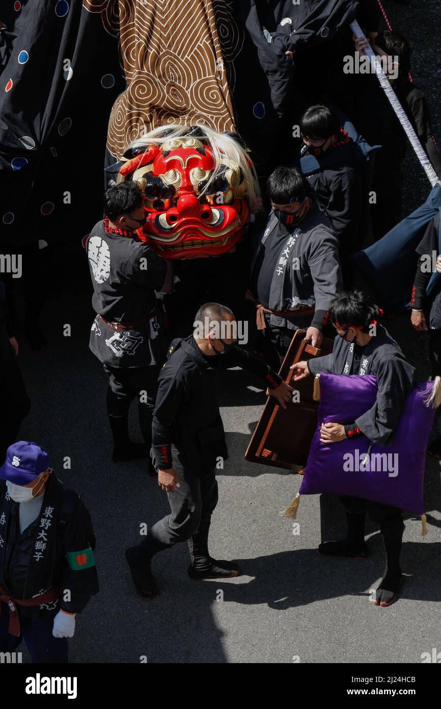 iida, nagano, japan, 2022/24/03 , Lion Dance on a Float. The ritual ...