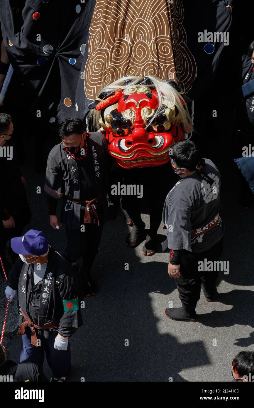iida, nagano, japan, 2022/24/03 , Lion Dance on a Float. The ritual ...