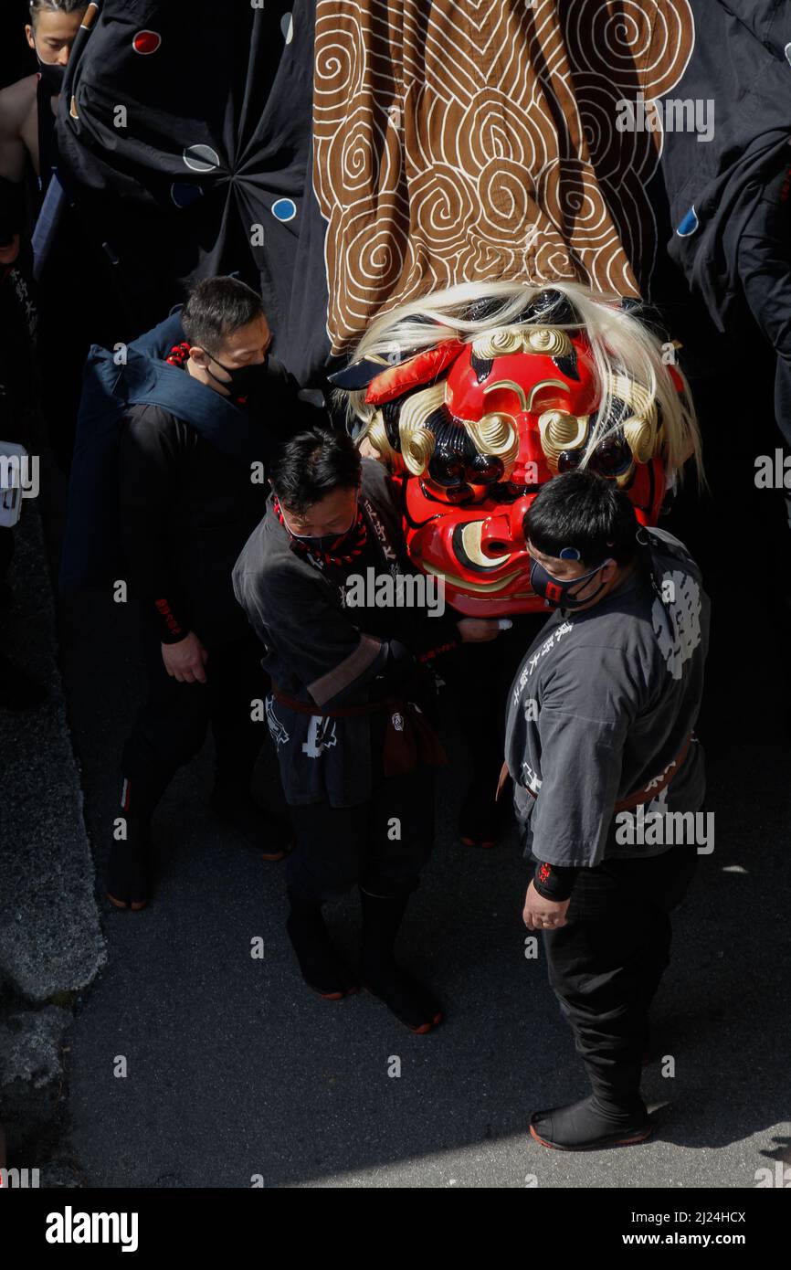 iida, nagano, japan, 2022/24/03 , Lion Dance on a Float. The ritual ...
