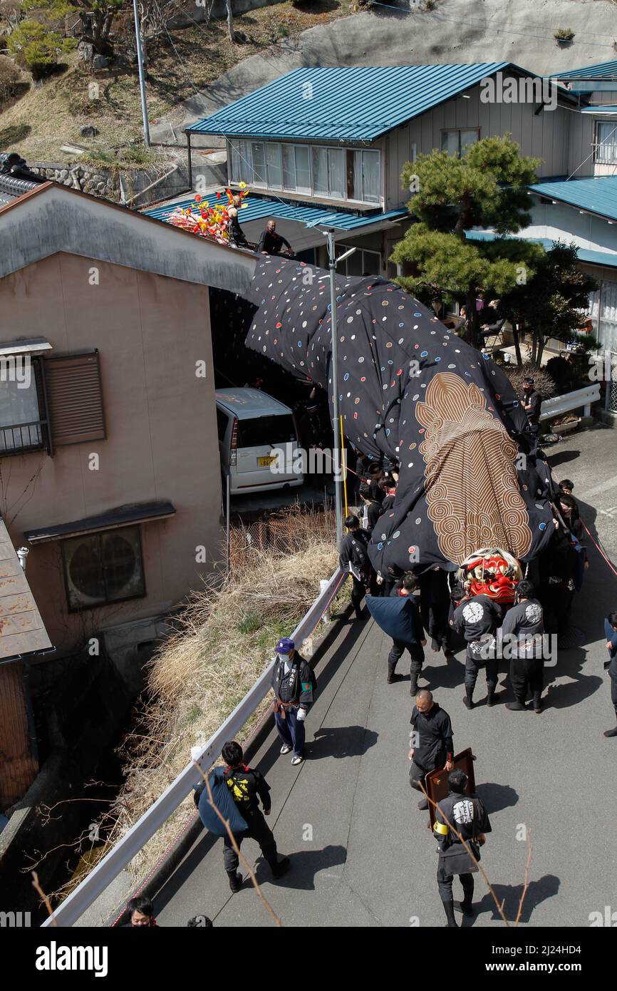 iida, nagano, japan, 2022/24/03 , Lion Dance on a Float. The ritual ...