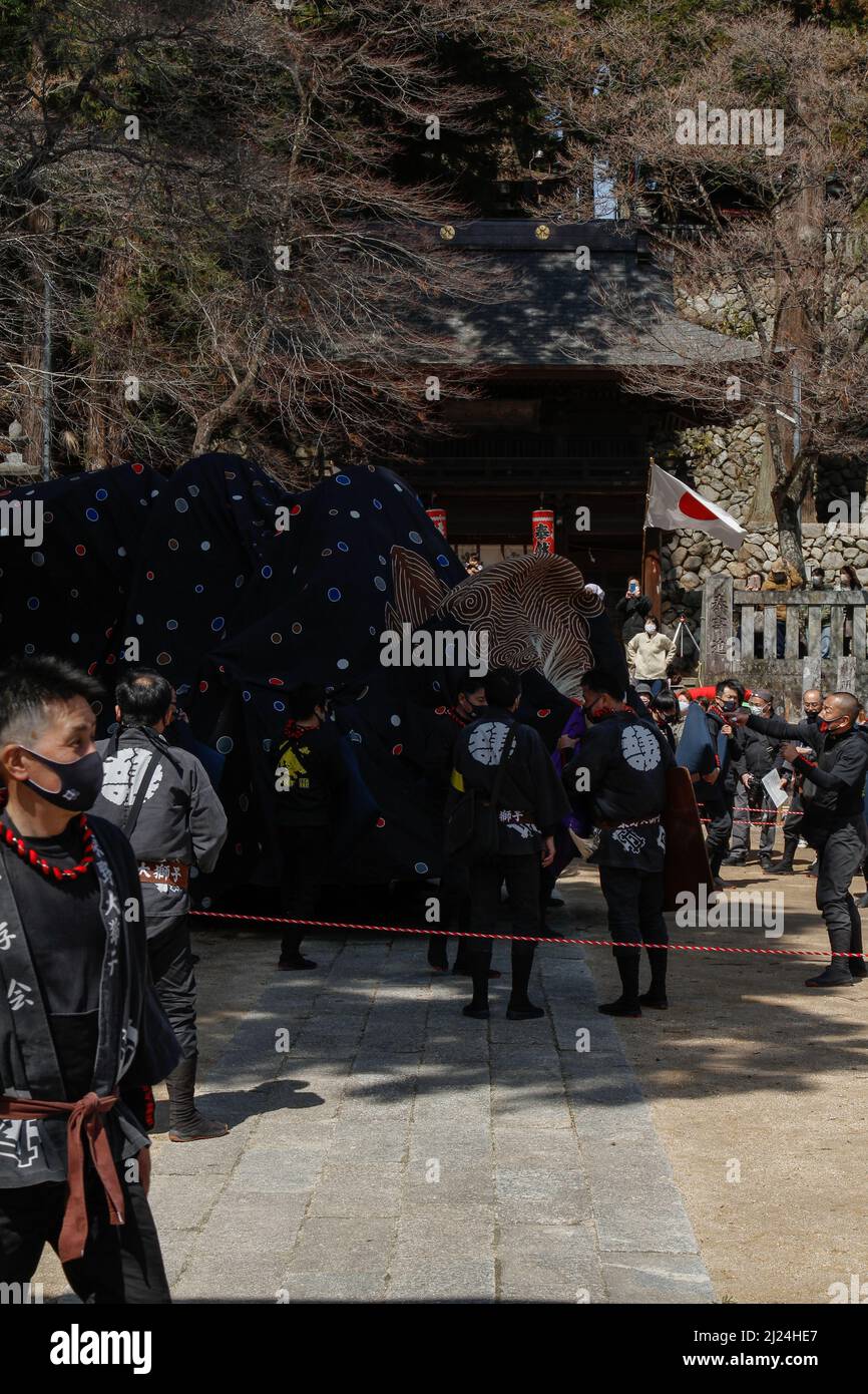 iida, nagano, japan, 2022/24/03 , Lion Dance on a Float. The ritual ...