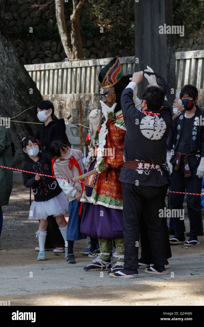 iida, nagano, japan, 2022/24/03 , Lion Dance on a Float. The ritual ...