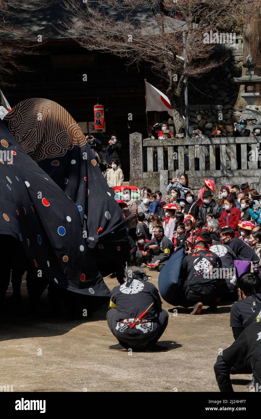 iida, nagano, japan, 2022/24/03 , Lion Dance on a Float. The ritual ...