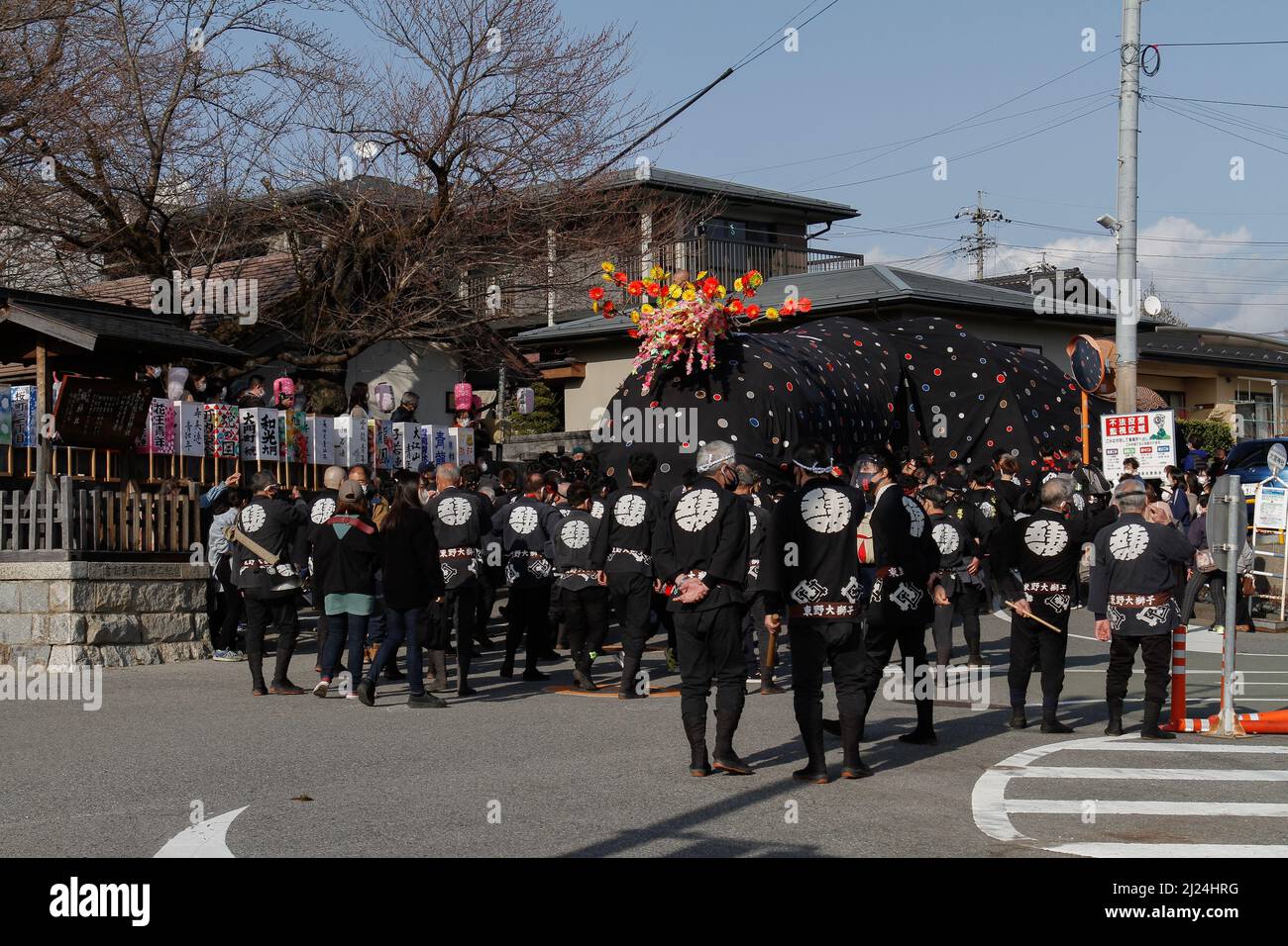 iida, nagano, japan, 2022/24/03 , Lion Dance on a Float. The ritual ...
