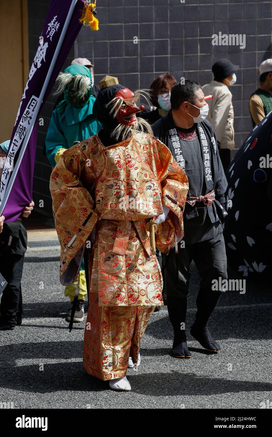 iida, nagano, japan, 2022/27/03 , Lion Dance on a Float. The ritual ...