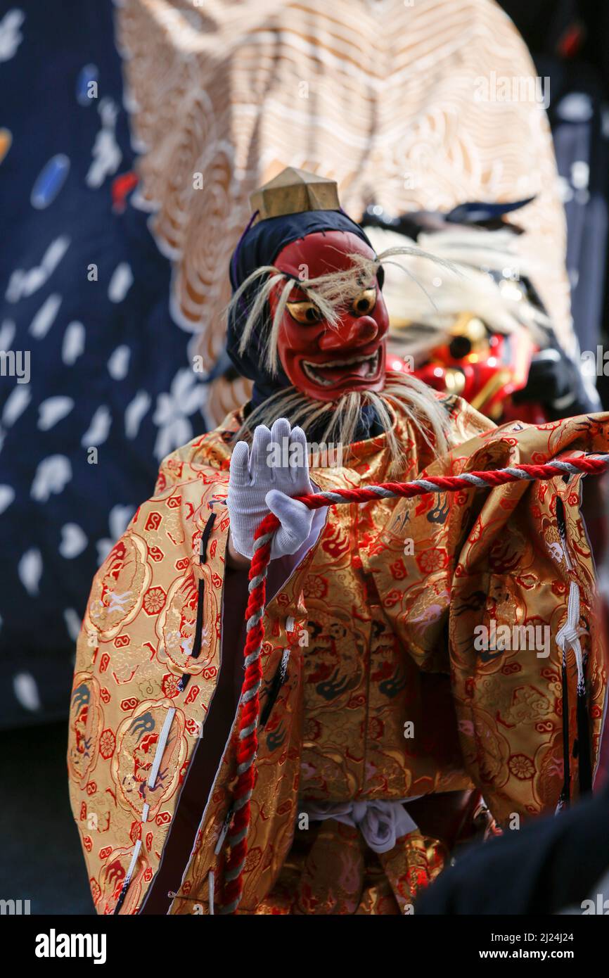 iida, nagano, japan, 2022/27/03 , Lion Dance on a Float. The ritual ...