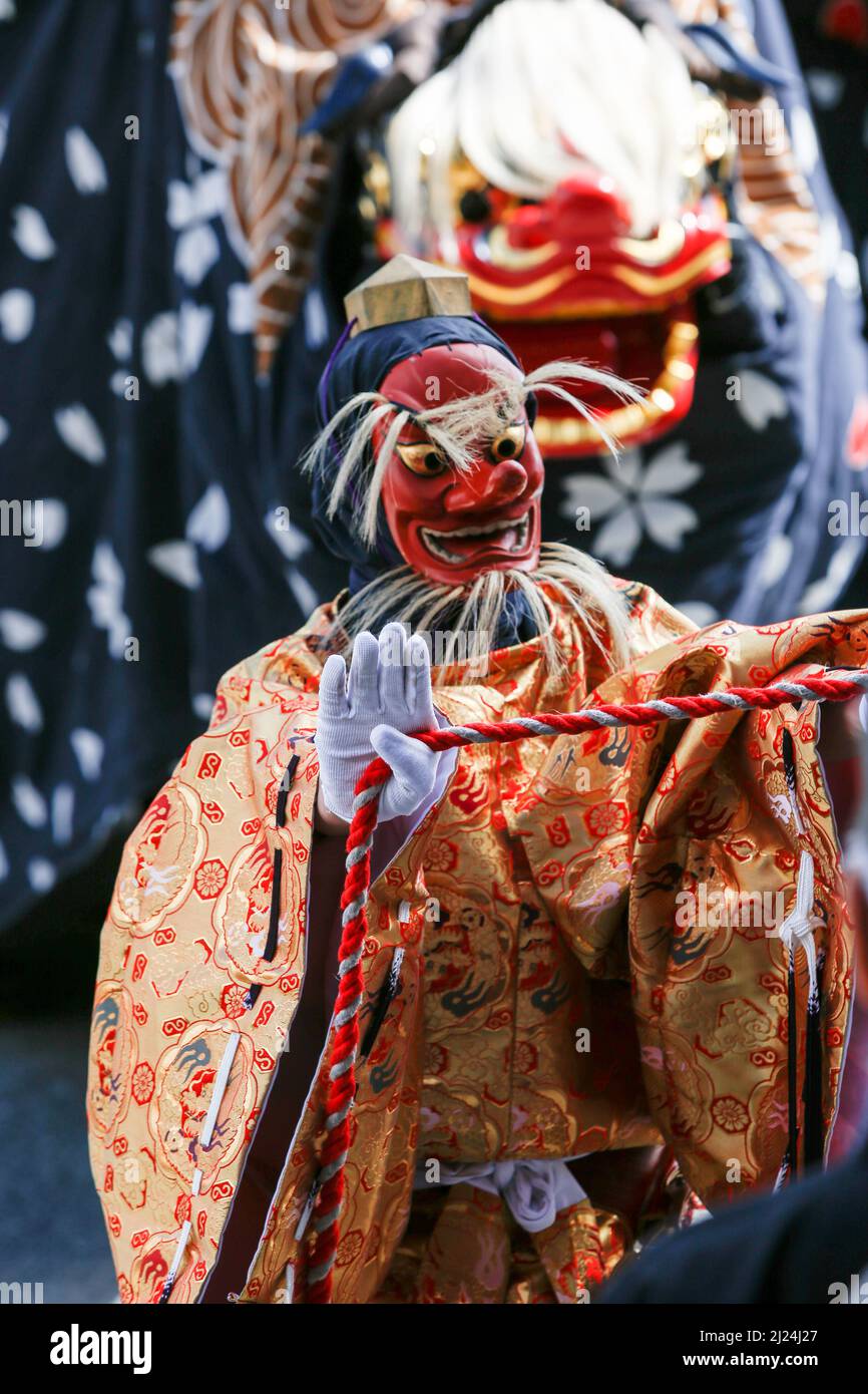 iida, nagano, japan, 2022/27/03 , Lion Dance on a Float. The ritual ...
