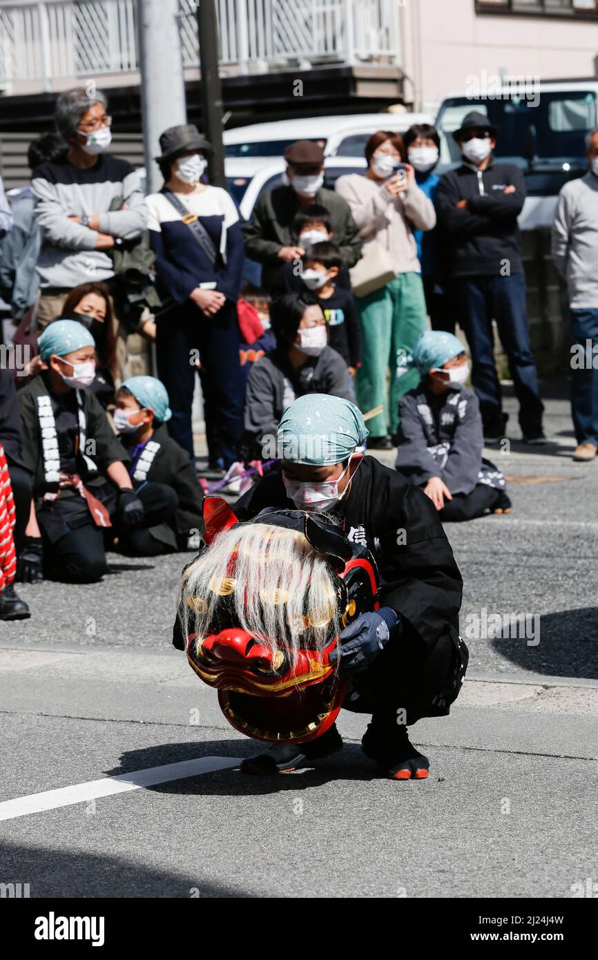 iida, nagano, japan, 2022/27/03 , Lion Dance on a Float. The ritual ...