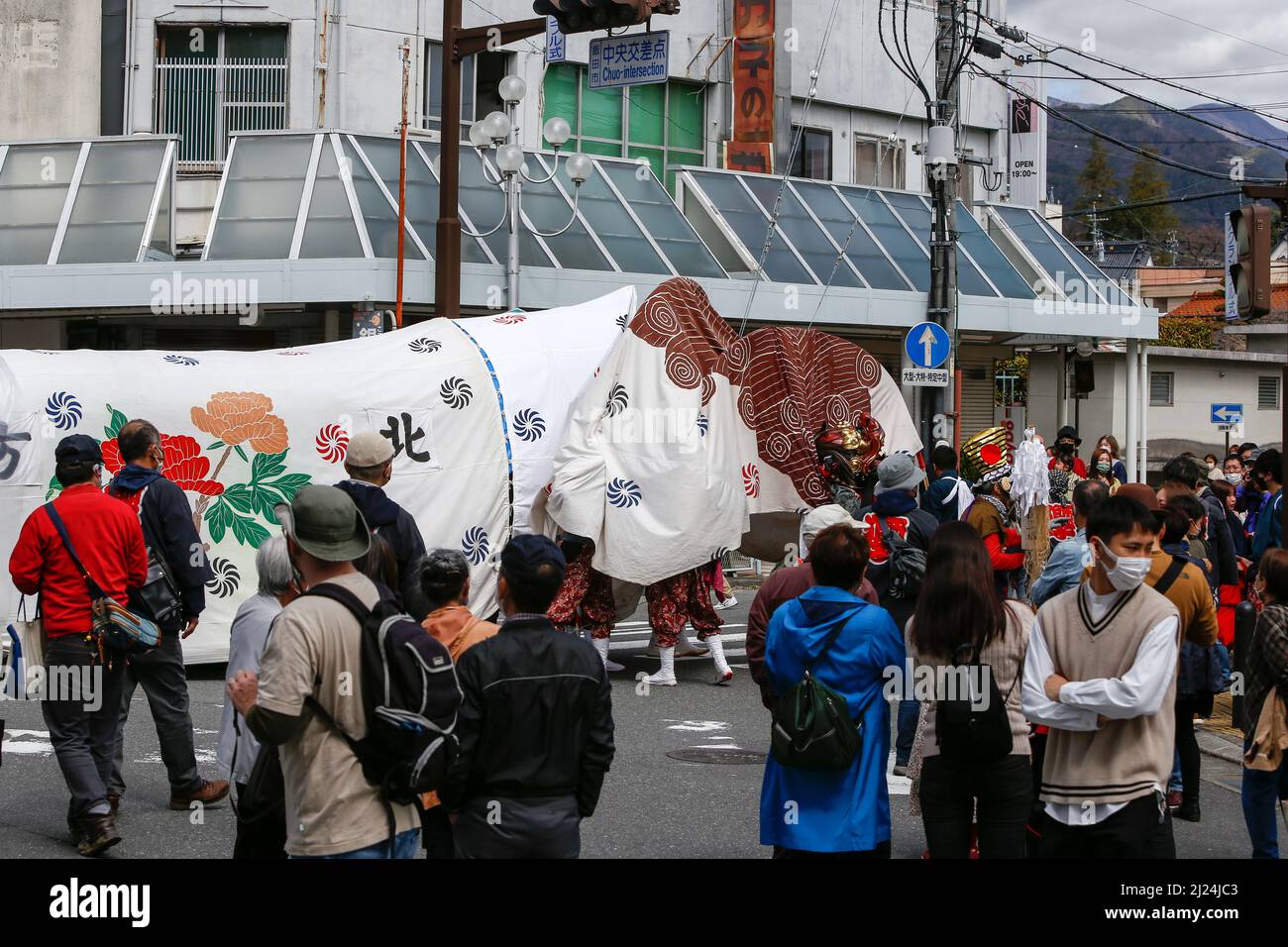iida, nagano, japan, 2022/27/03 , Lion Dance on a Float. The ritual ...
