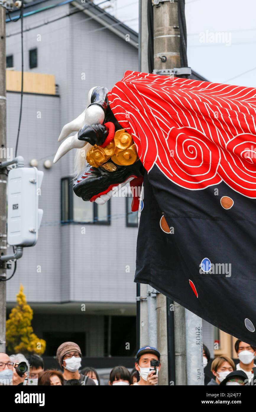 iida, nagano, japan, 2022/27/03 , Lion Dance on a Float. The ritual ...