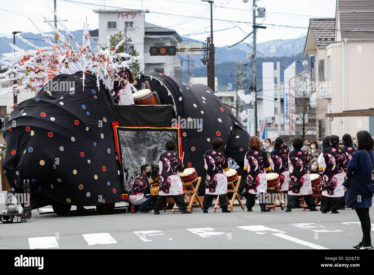 iida, nagano, japan, 2022/27/03 , Lion Dance on a Float. The ritual ...