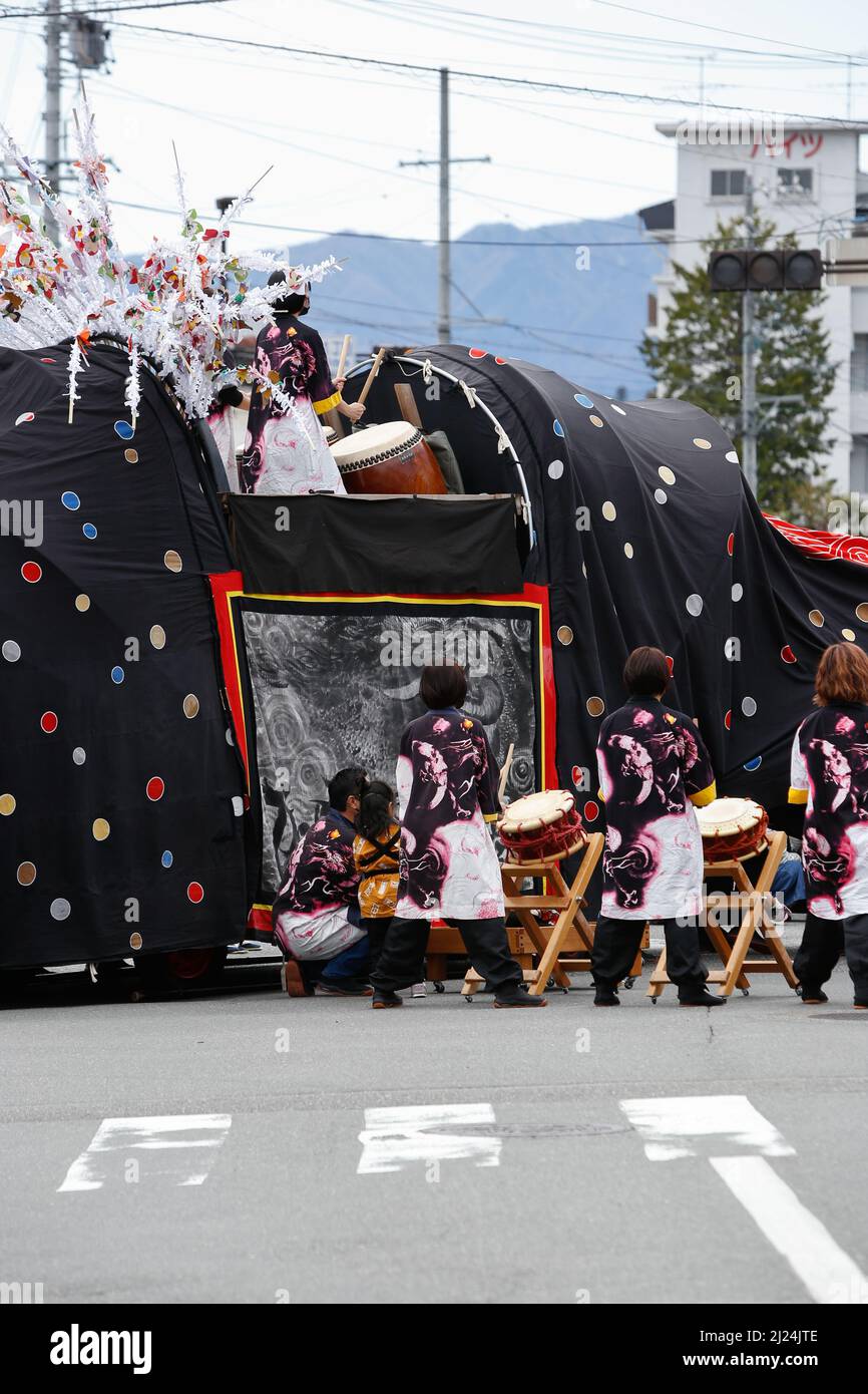 iida, nagano, japan, 2022/27/03 , Lion Dance on a Float. The ritual ...