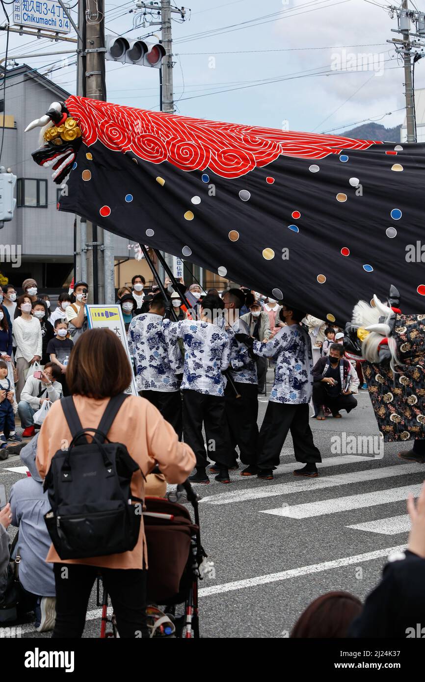 iida, nagano, japan, 2022/27/03 , Lion Dance on a Float. The ritual ...