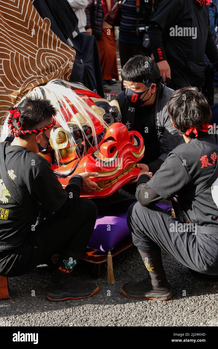 iida, nagano, japan, 2022/27/03 , Lion Dance on a Float. The ritual ...