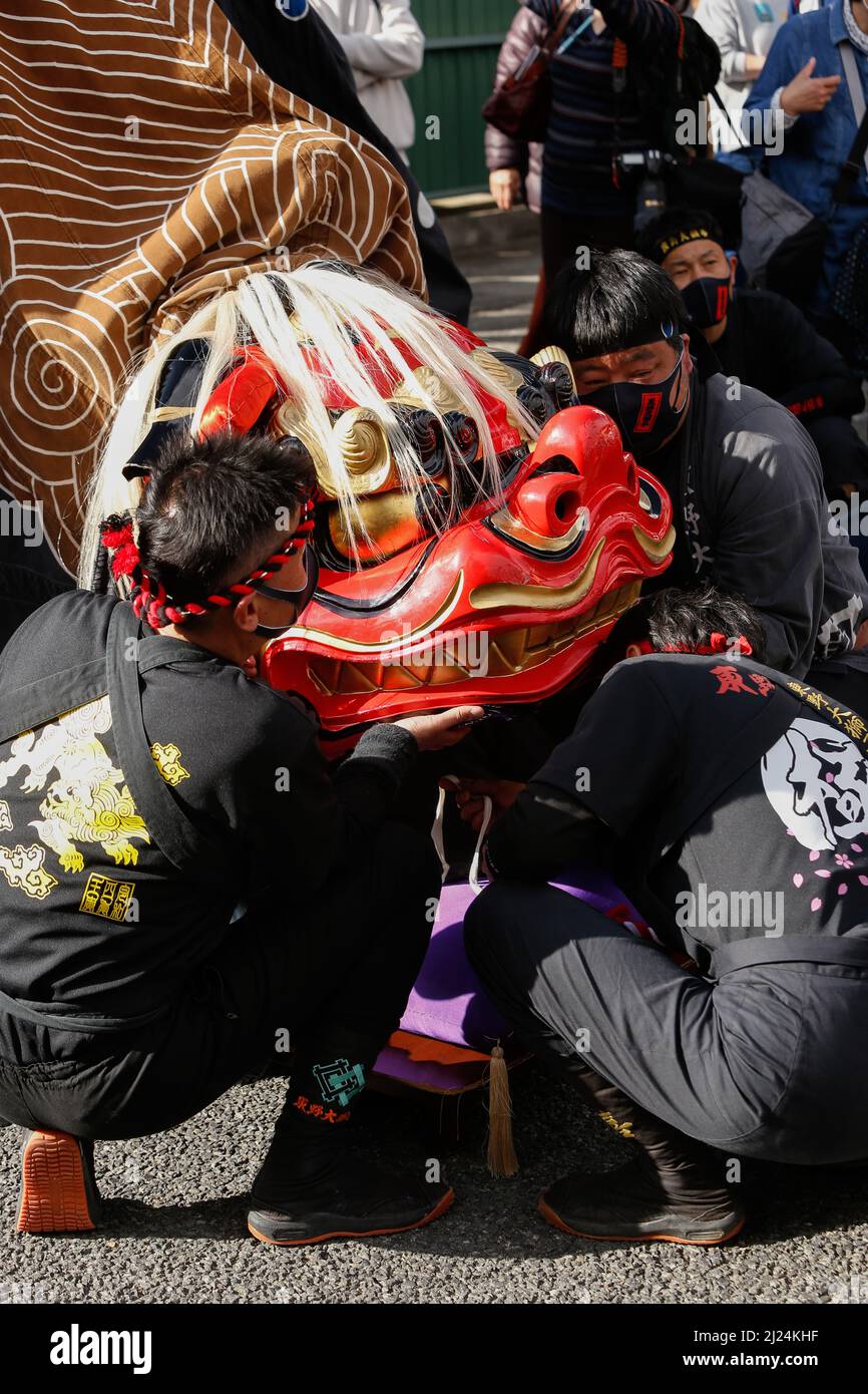 iida, nagano, japan, 2022/27/03 , Lion Dance on a Float. The ritual ...