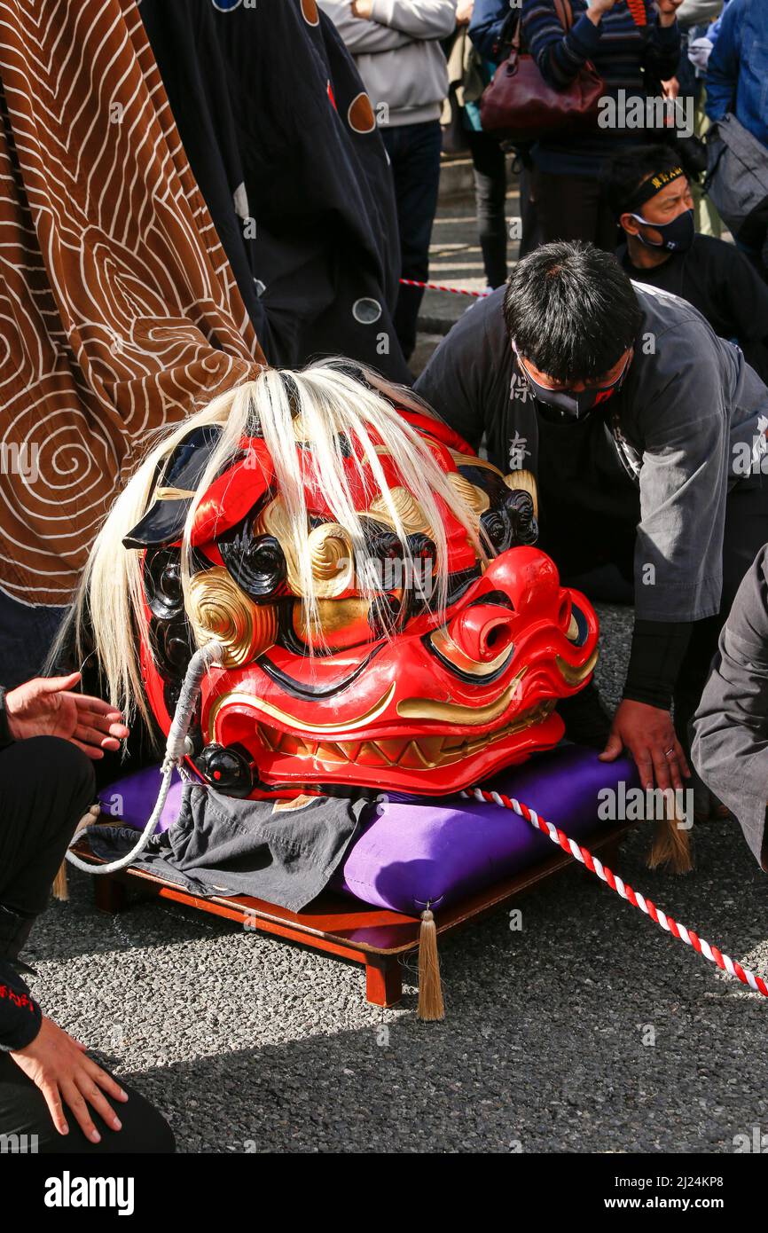iida, nagano, japan, 2022/27/03 , Lion Dance on a Float. The ritual ...