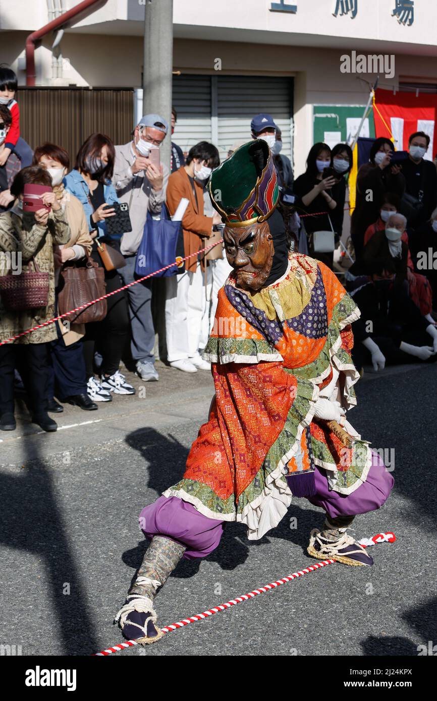 iida, nagano, japan, 2022/27/03 , Lion Dance on a Float. The ritual ...